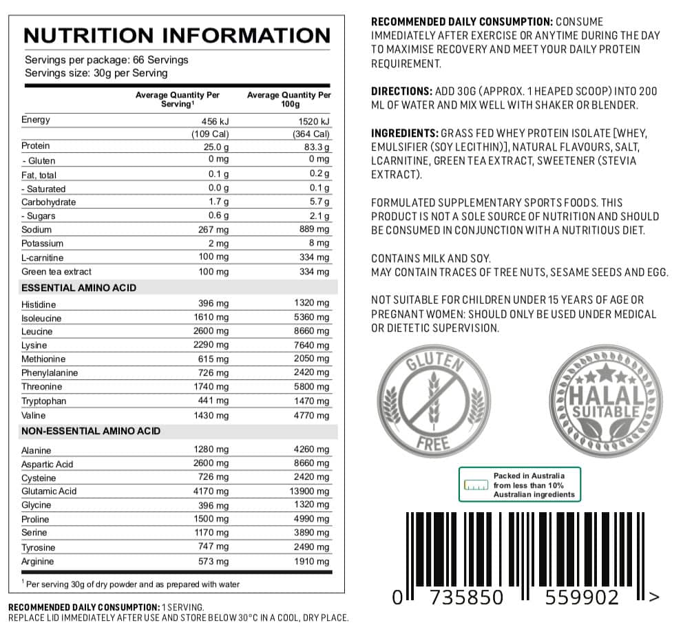 Pure Protein 100% Natural Grass Fed Whey Protein Isolate 2kg (66 Servings) – Organic Innovation